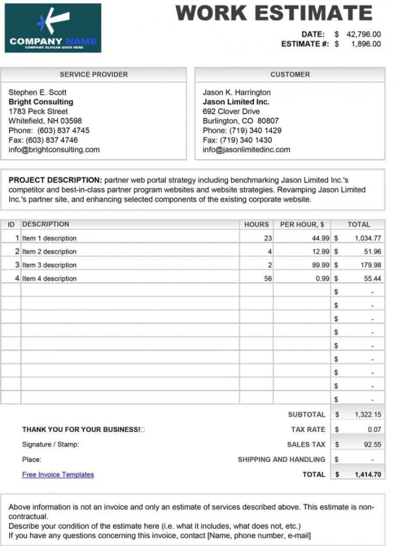 Sample Of 44 Free Estimate Template Forms Construction Repair Cleaning