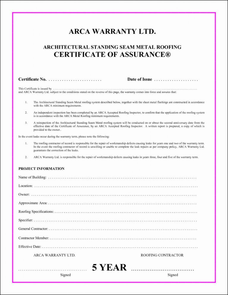 Printable Roofing Certificate Of Completion